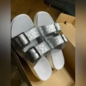 Clarks | Shoes | Clarks Silver Slide Sandals With Adjustable Straps ...